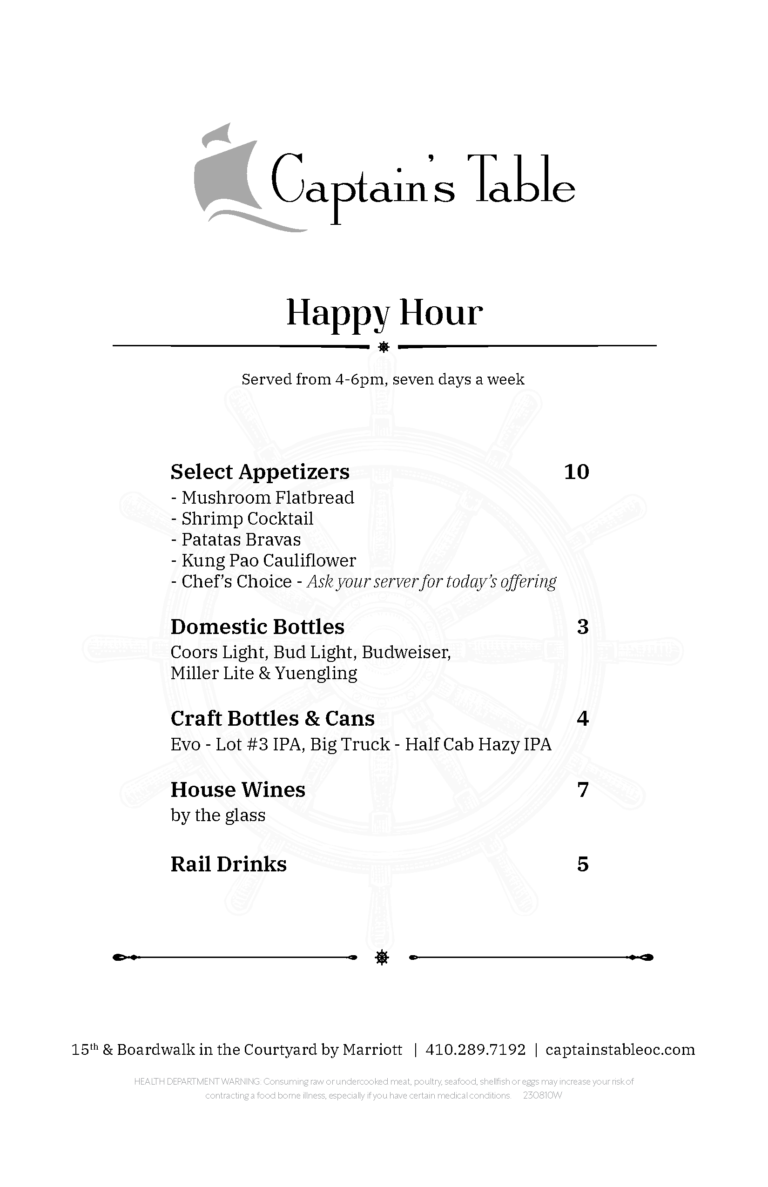 Captain's Table New Happy Hour Menu - OCMD Restaurants