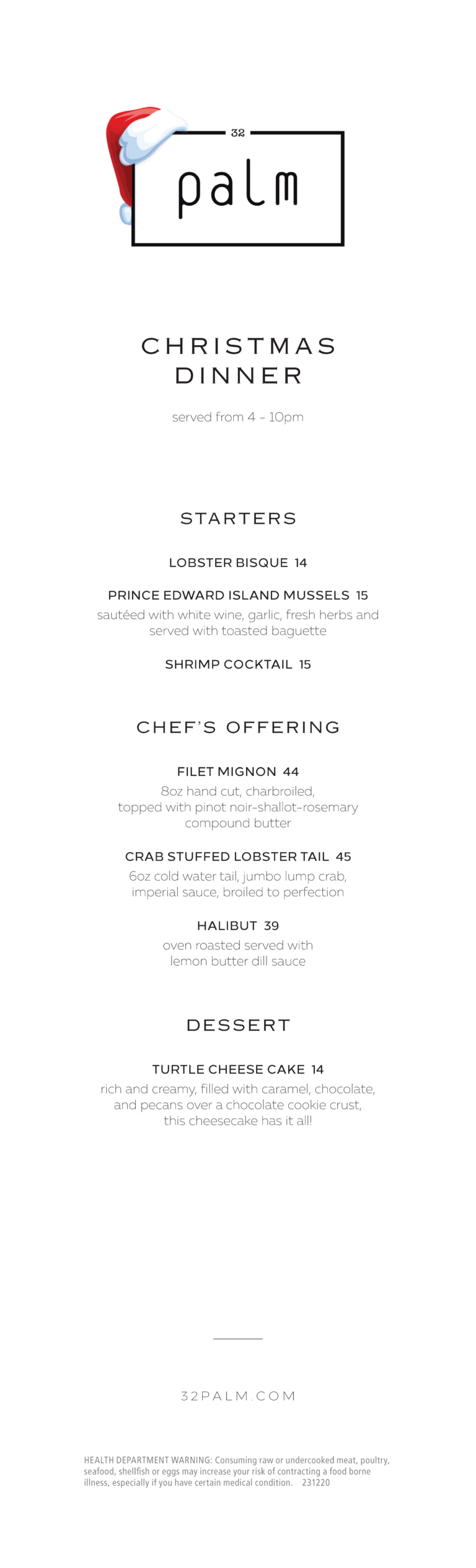 Christmas Dinner at 32 Palm - OCMD Restaurants