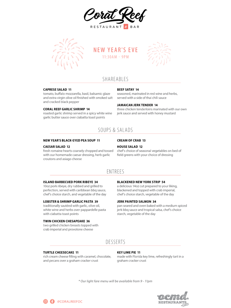 Coral Reef's New Year's Eve Menu - OCMD Restaurants