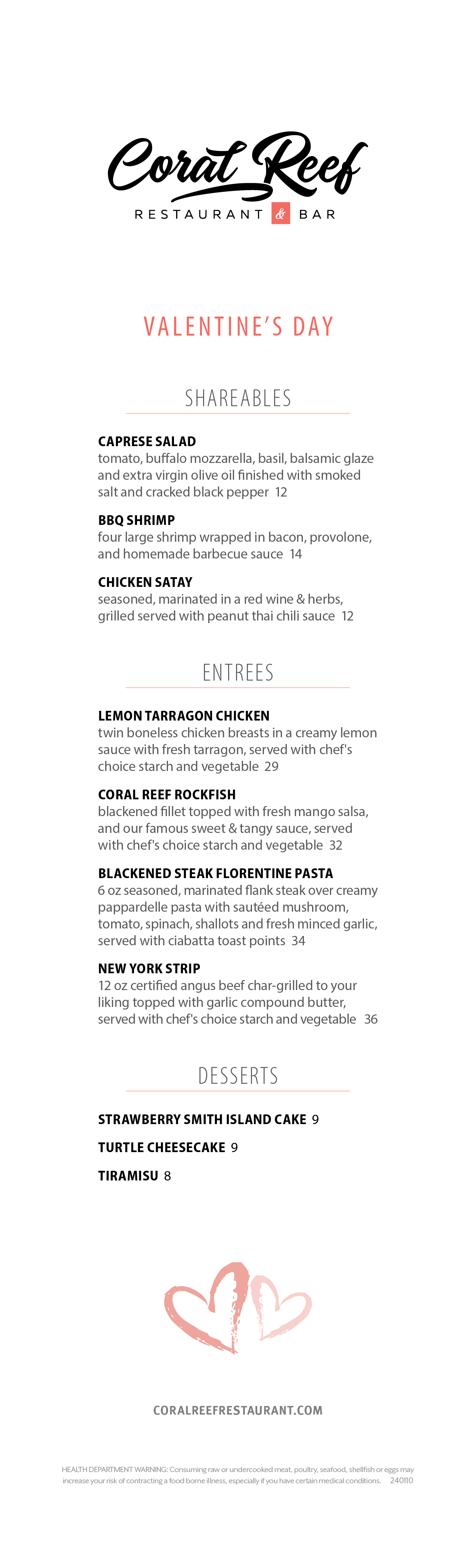 Valentine's Dinner at Coral Reef - OCMD Restaurants