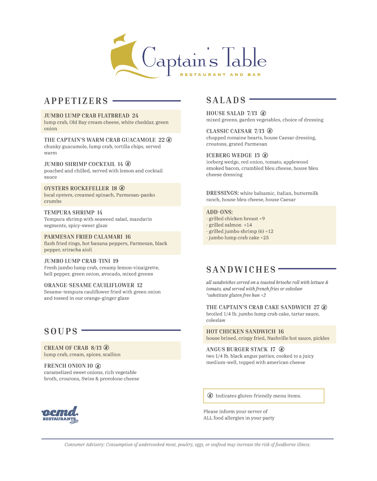 New Captain's Table Menu - OCMD Restaurants